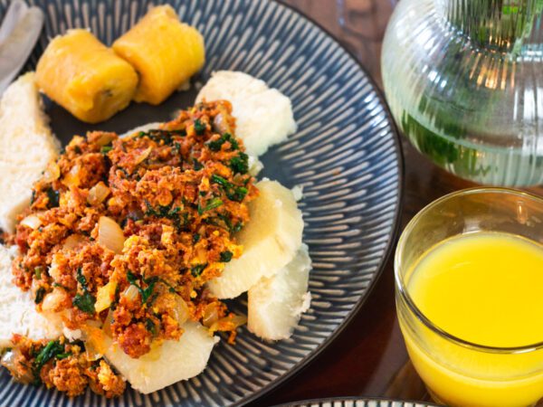 Yam and Egg Nigerian Corned Beef Stew with Boiled Plantain
